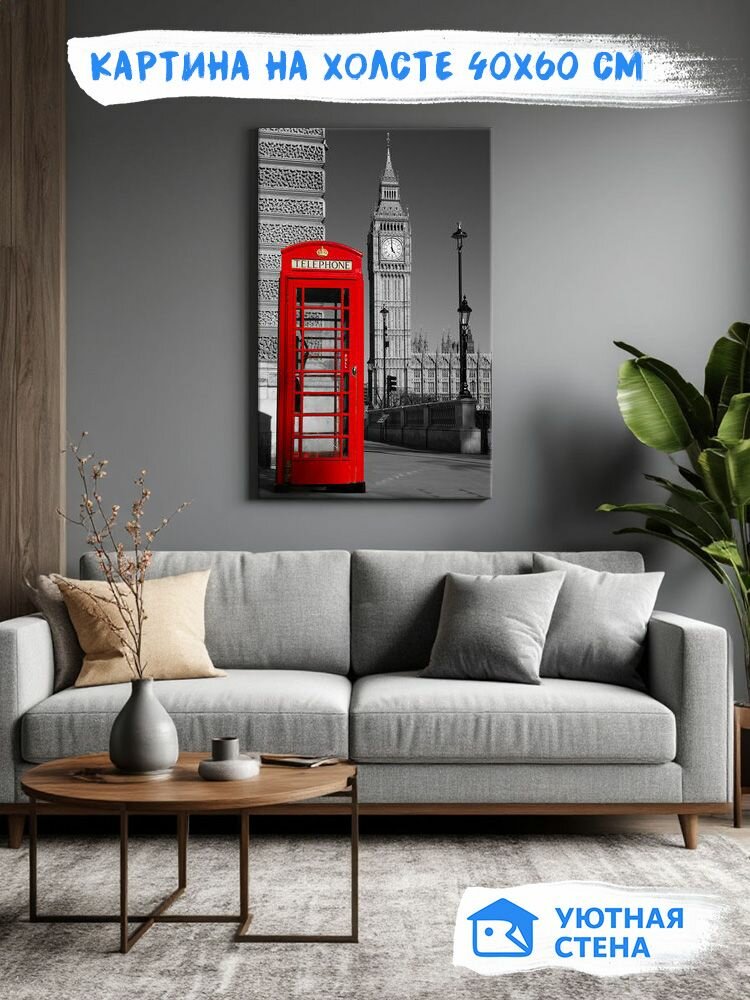 Картина на натуральном холсте Уютная стена "Телефонная будка на фоне Вестминстерского дворца Лондона" 40х60 см