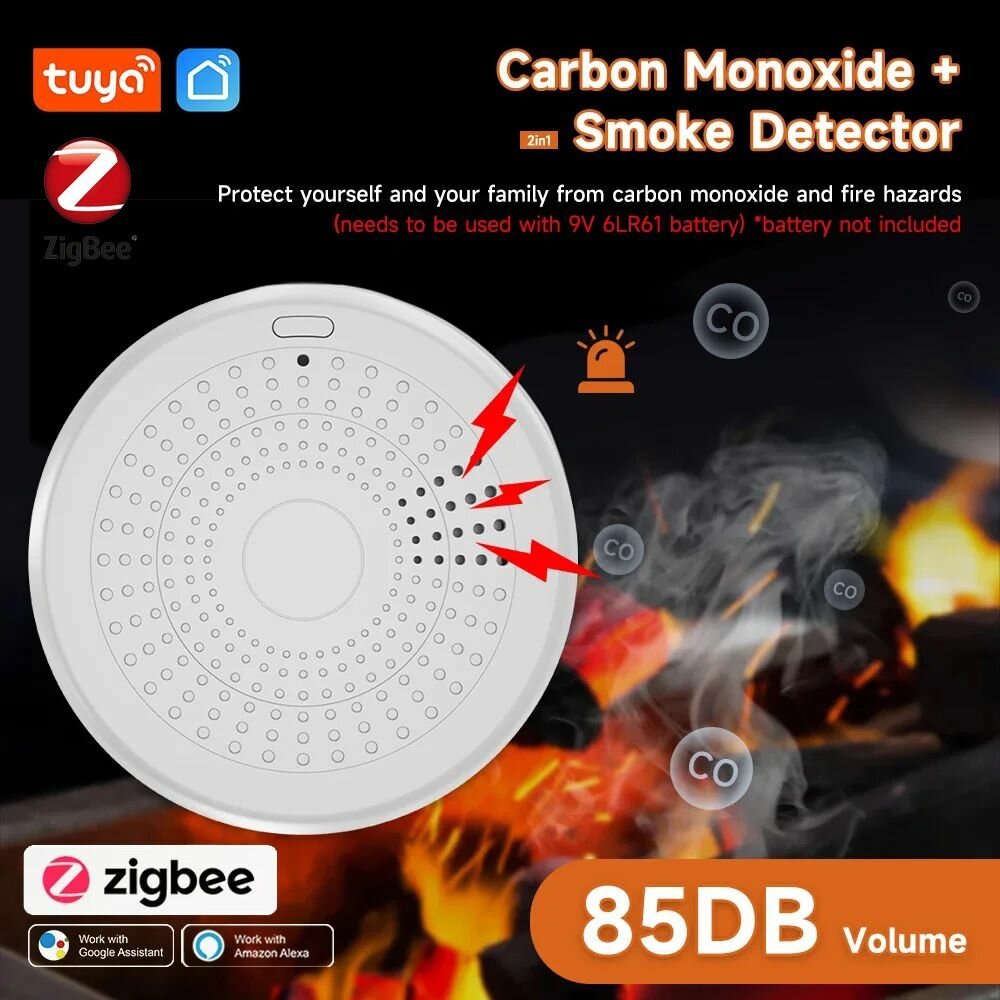 Датчик дыма zigbee, детектор дыма два в одном, Smart Life, пожарная сигнализация