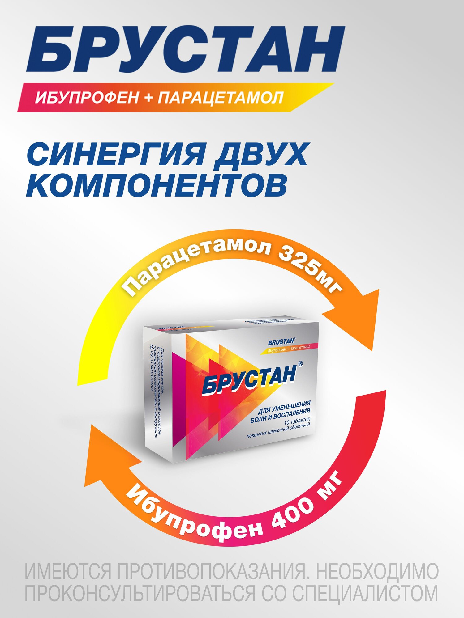Брустан Ибупрофен + Парацетамол Обезболивающий против головной боли, боли в спине и мышцах, жаропонижающий, 10 таблеток — фото 1
