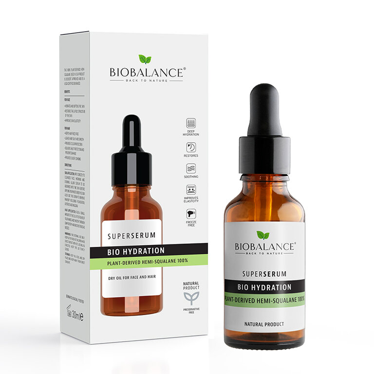 BIOBALANCE SUPER SERUM BIO HYDRATION PLANT-DERIVED HEMI-SQUALANE 100% DRY OIL Сухое масло для кожи и волос 30 мл