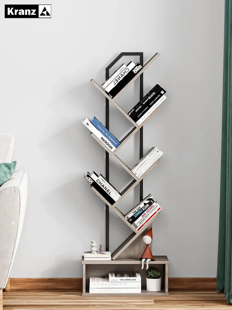 Книжная полка "Kranz", 6 уровней для книг, угловая, из металла и ДСП, коричневая
