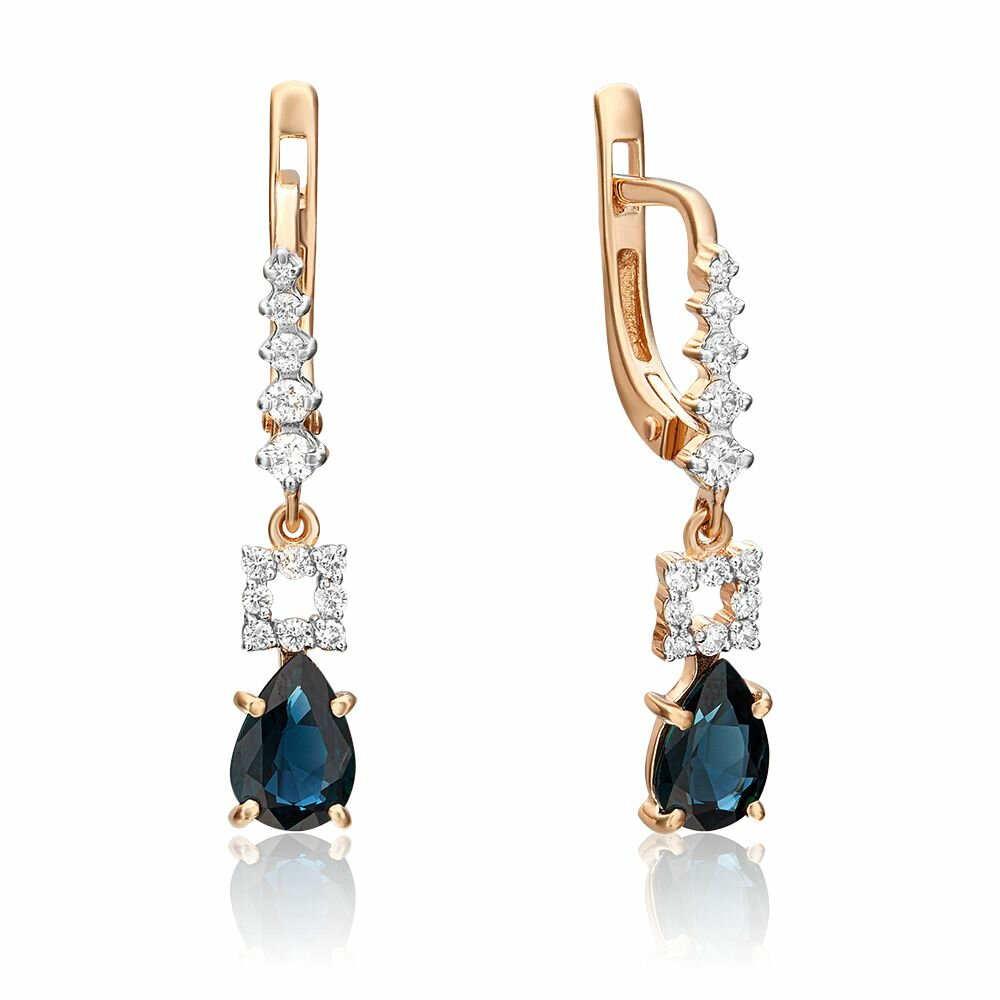 Серьги, красное золото, 585 проба, бриллиант, сапфир