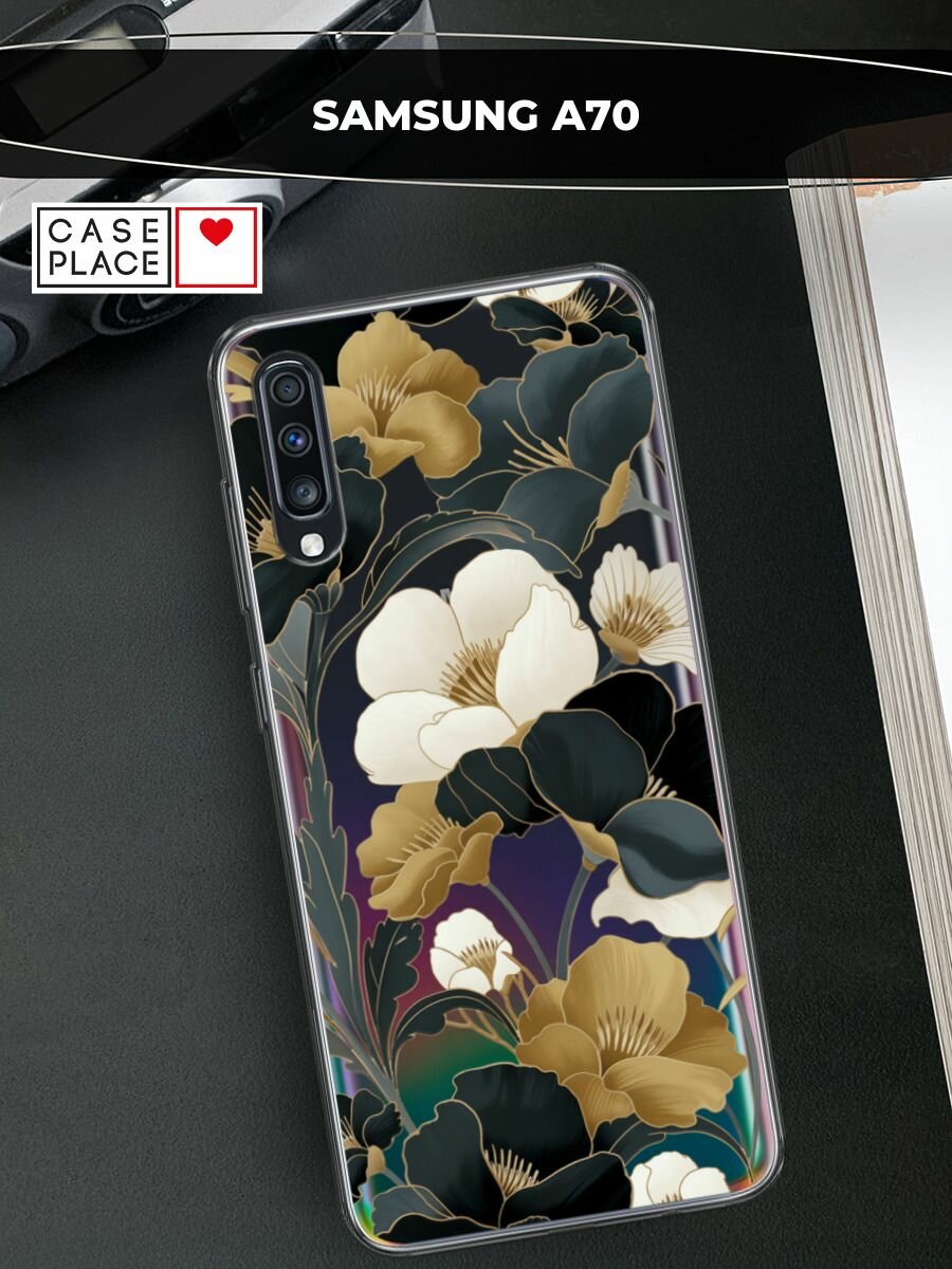 Чехол на Samsung Galaxy A70 / Самсунг Галакси А70 с принтом Золотые цветы