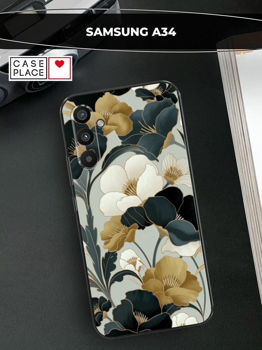 Чехол на Samsung Galaxy A34 / Самсунг A34 с принтом Золотые и белые цветы