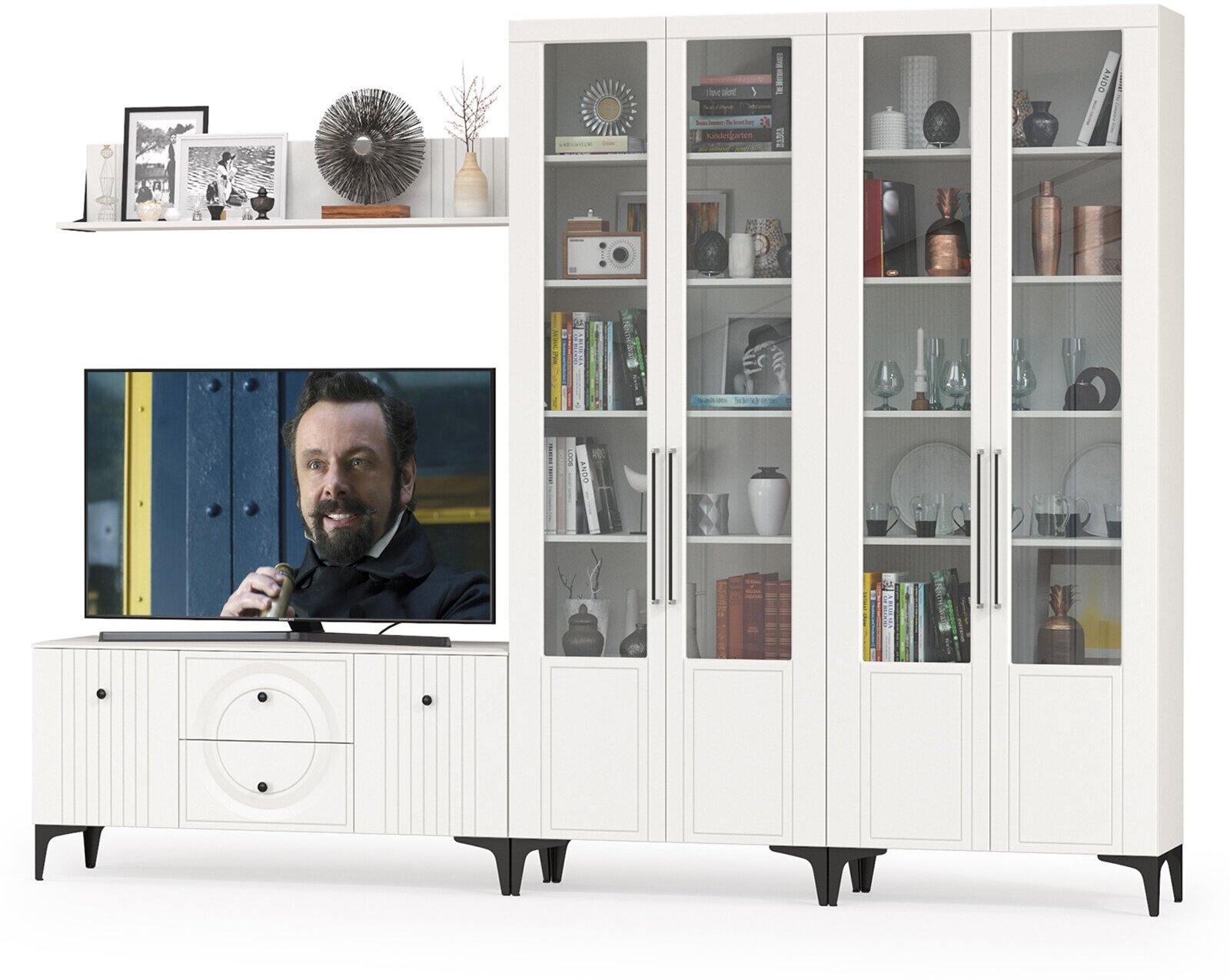 Большая стенка для ТВ-аппаратуры Валенсия № 64, цвет белый шагрень 301,3х38,3х225,2 см, ниша для ТВ 133х38х117 см.