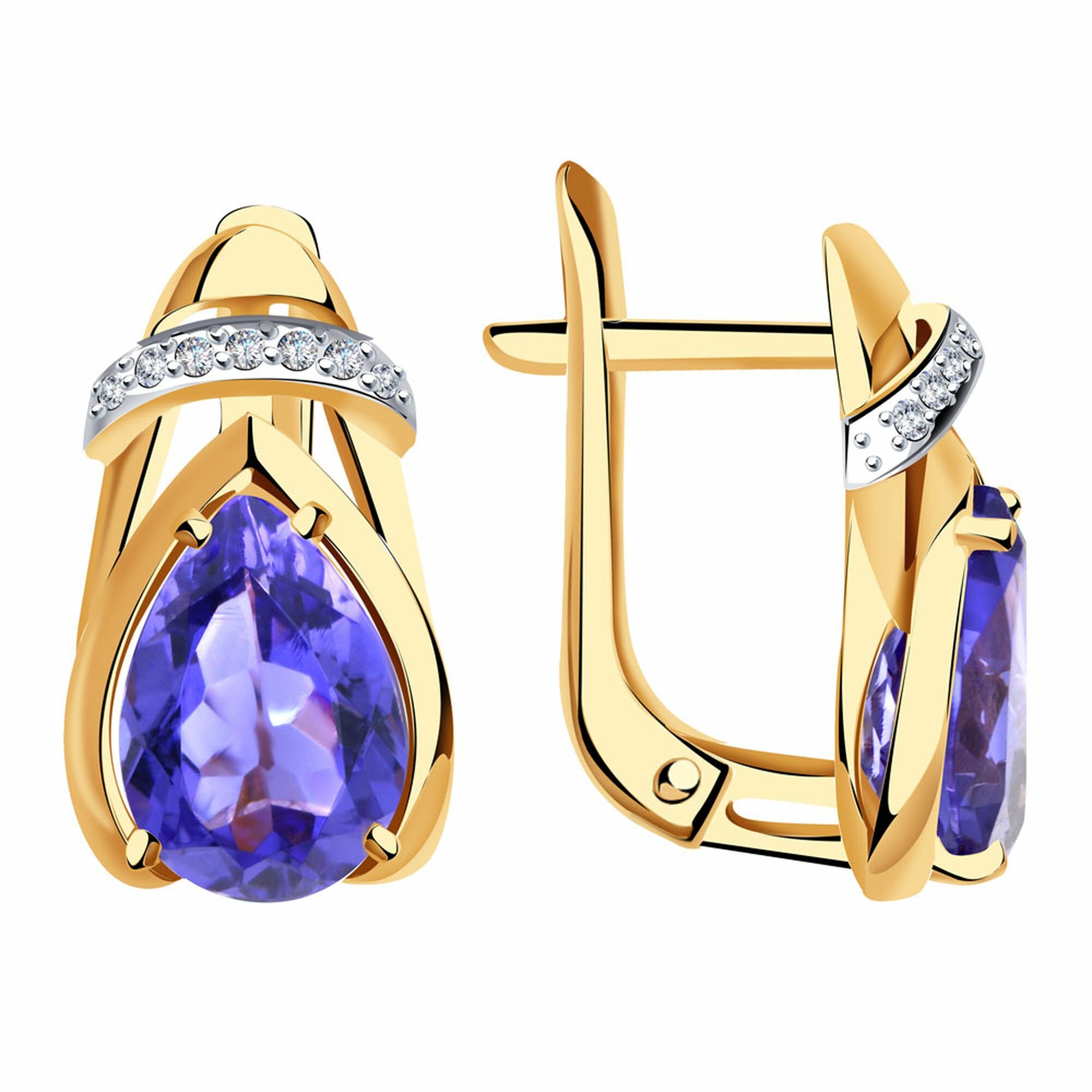 Серьги, красное золото, 585 проба, фианит, танзанит