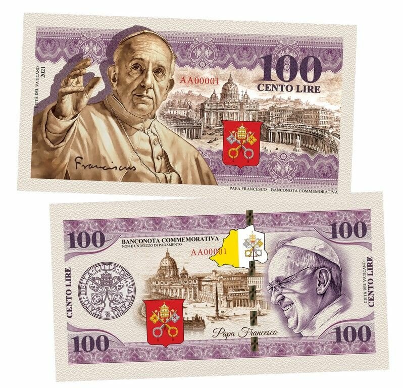 100 Cento Lire(лир) - Ватикан. Папа Римский - Франциск (Papa Francesco). Памятная банкнота.