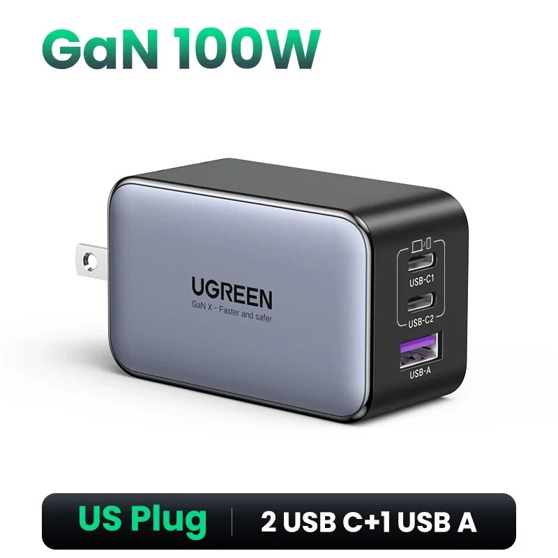Зарядное UGREEN GaN 100W US Plug, 2 USB-C + 1 USB-A
