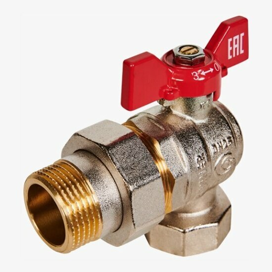 Кран шаровой Rommer угловой с американкой, ВР/НР, ручка бабочка 3/4 (RBV-0006-2610220)