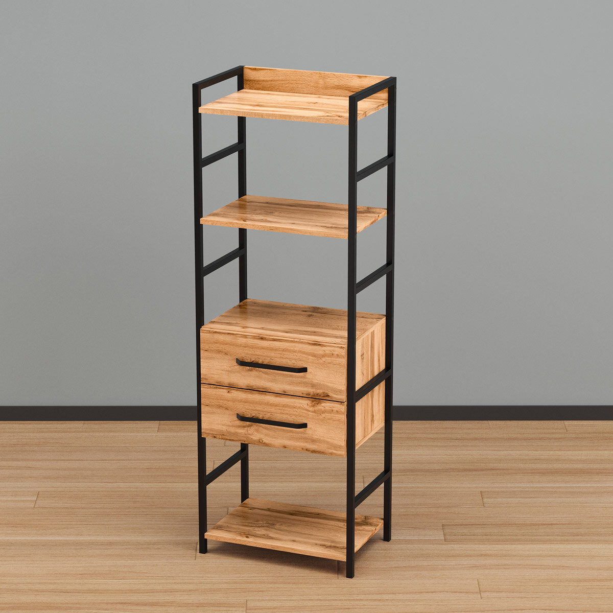 Шкаф - стеллаж с 2 ящиками на металлических стойках Сусар 4В дуб вотан ш52/г34/в150