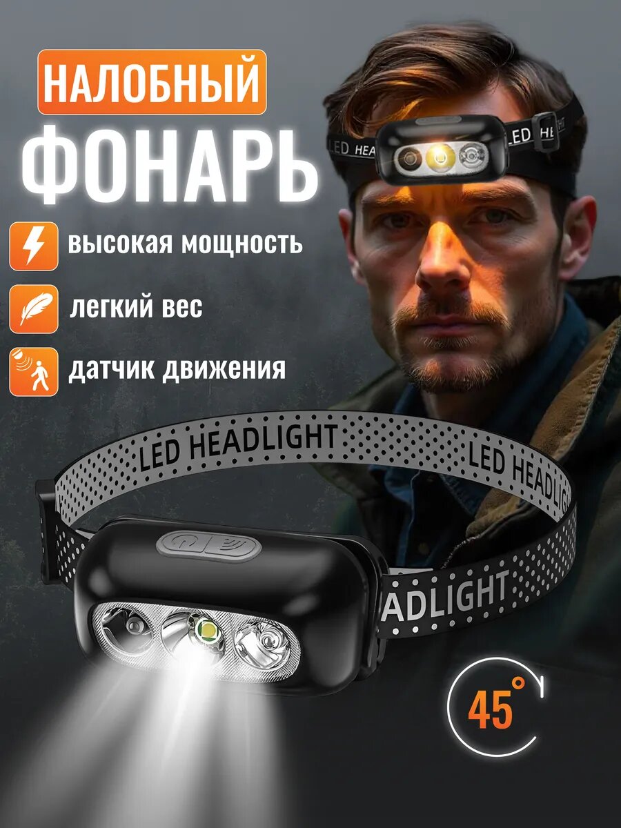 Фонарь налобный, универсальный, USB-зарядка, влагозащита, регулировка угла свечения