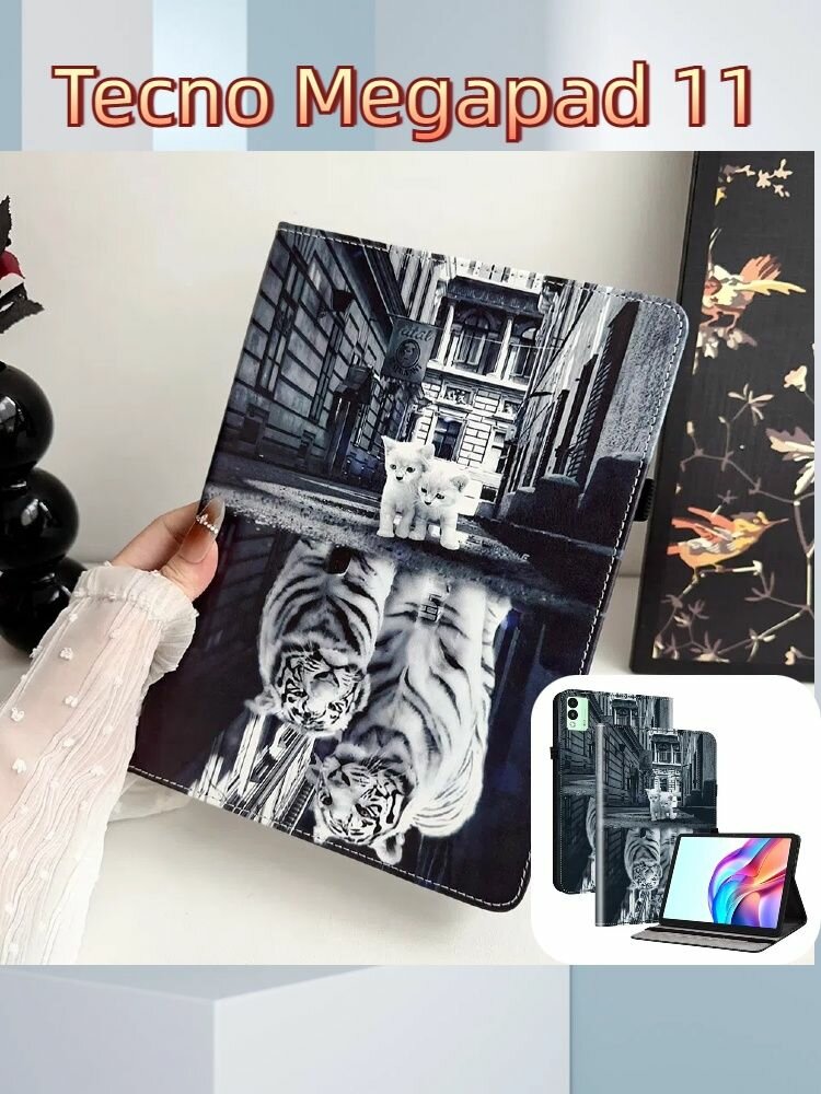 Модный Защитный Чехол для планшета Tecno Megapad 11 LTE Цветок Кот и тигр