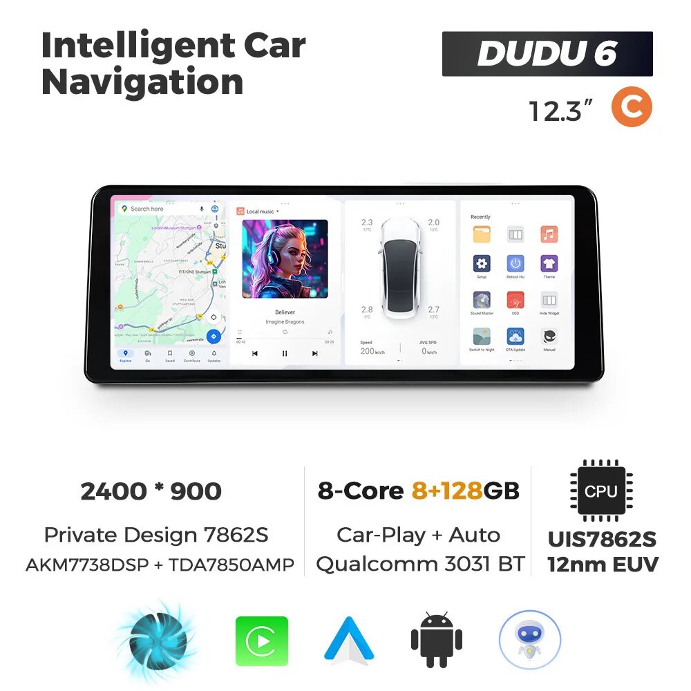DUDUAUTO 12,3-дюймовый сенсорный экран 2K IN-CELL DUDU7, универсальный головной блок, 2 DIN, автомобильное радио, беспроводной carplay, Android, автостереоплеер DUDU6-8-128-12.3C-2K
