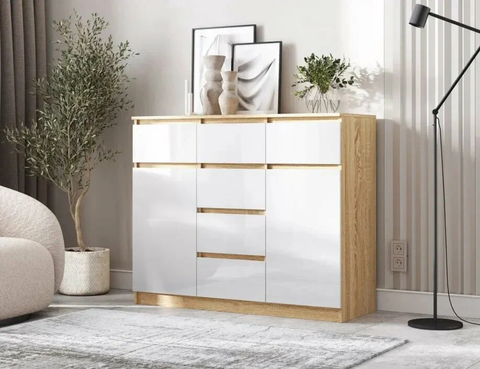 Комод для одежды Миф Челси, сонома / белый глянец, 120x45x99 см