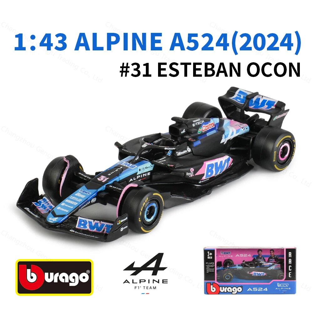 Bburago 1:43 BWT Alpine 2024 A524 F1 Racing Formula Car