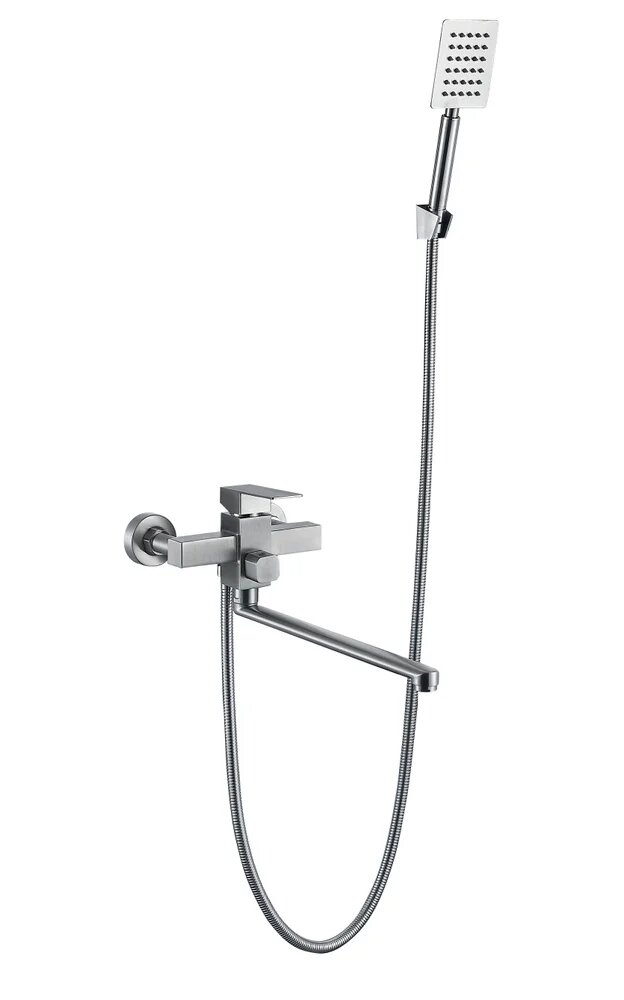 Смеситель с длинным изливом для ванны Olive'S Valdo VL13221 с душевым гарнитуром, поворотный, из нержавеющей стали, хром, смеситель для ванны с душем, рычажный, с настенным держателем