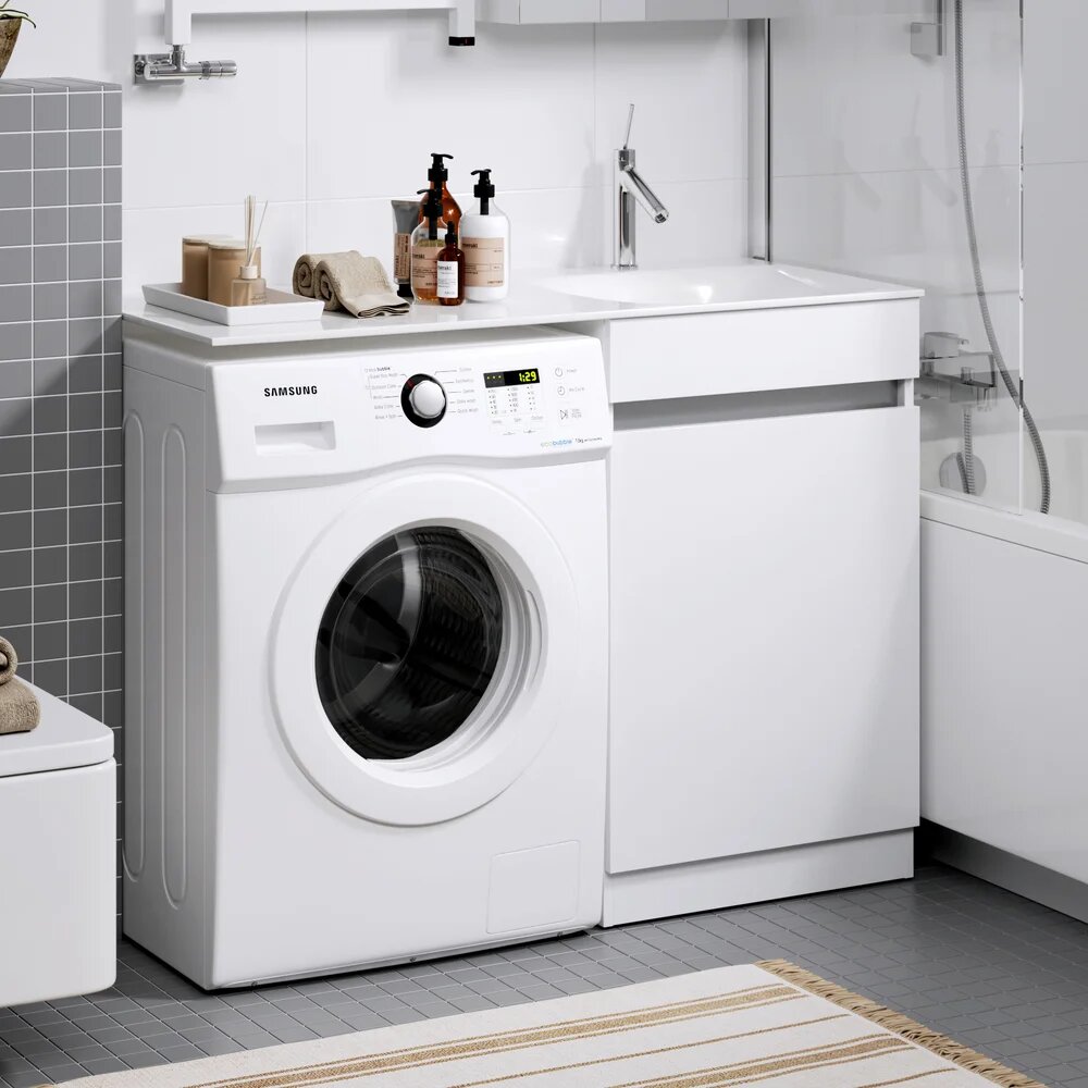 Тумба с раковиной Aqwella Forma под стиральную машину, напольная, 115 см, белая, глянцевая, из МДФ, с ящиками, с корзиной, раковина для ванной из искусственного мрамора, прямоугольная, с сифоном