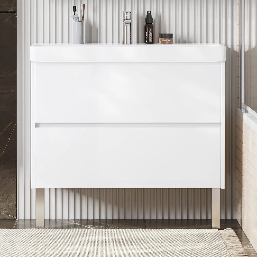Тумба с раковиной AQUATON Сканди 90 90 см, белая, глянцевая, из ЛДСП, с ящиками, раковина для ванной фарфоровая, прямоугольная, встроенный слив-перелив