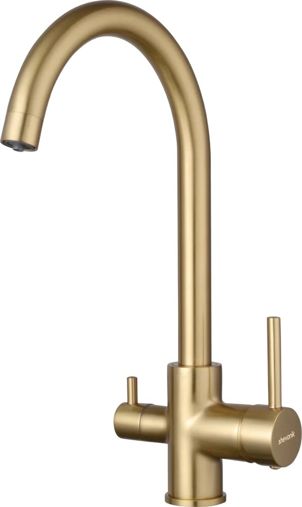 Смеситель для кухни Shevanik S128G с краном для питьевой воды, с поворотным изливом, золотой, матовый, однорычажный, латунный, с керамическим картриджем