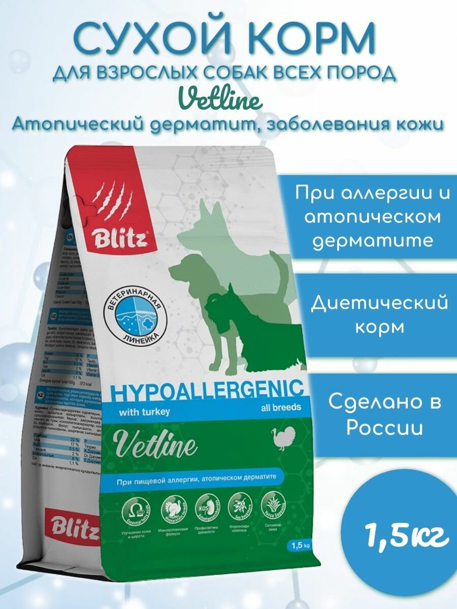 Сухой корм Blitz для собак Vetline Hypoallergenic 1,5кг При пищевой аллергии, атопическом дерматите, заболеваниях кожи и шерсти