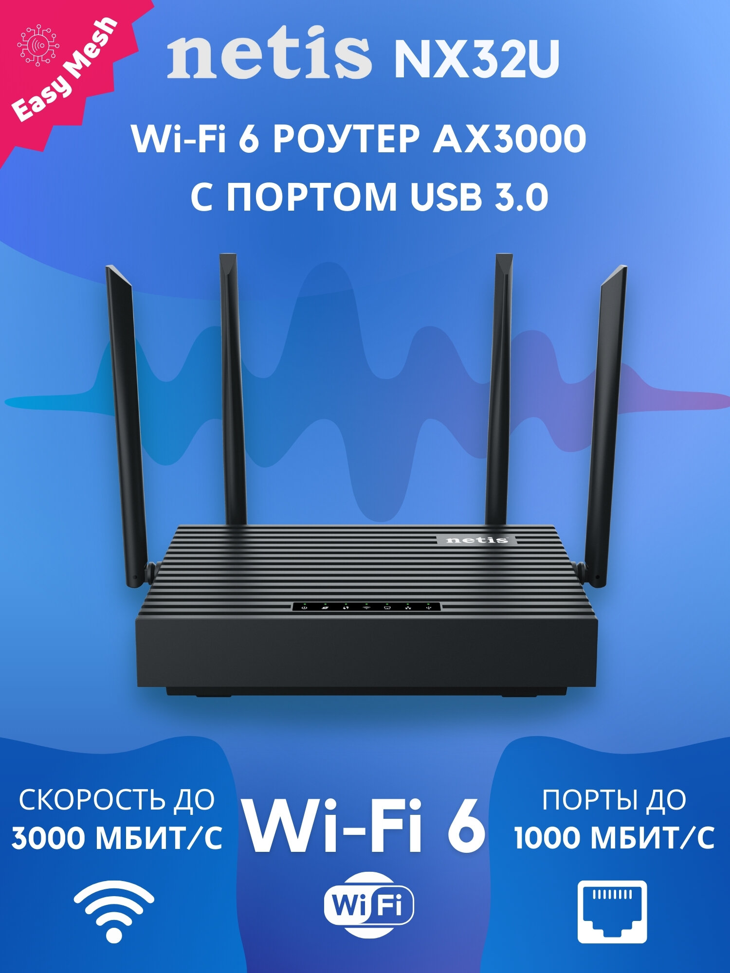 Роутер Netis NX32U AX3000 10/100/1000BASE-TX/4G ready черный