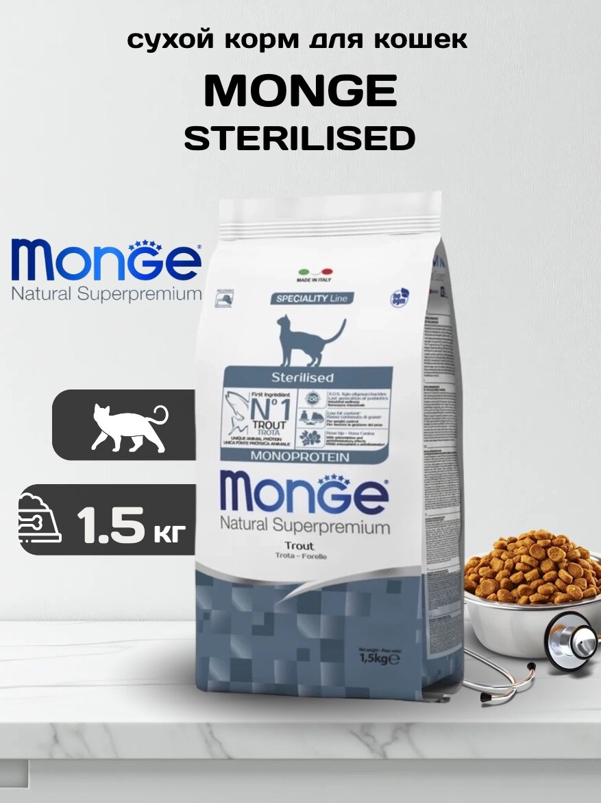 Сухой корм для стерилизованных кошек Monge Монж Speciality Monoprotein Sterilised Cat(Форель) - 1,5 кг