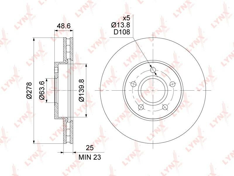 Диск тормозной передний LYNX AUTO BN-1440 Ford Focus III 10->, C-Max II 10-> 278x25
