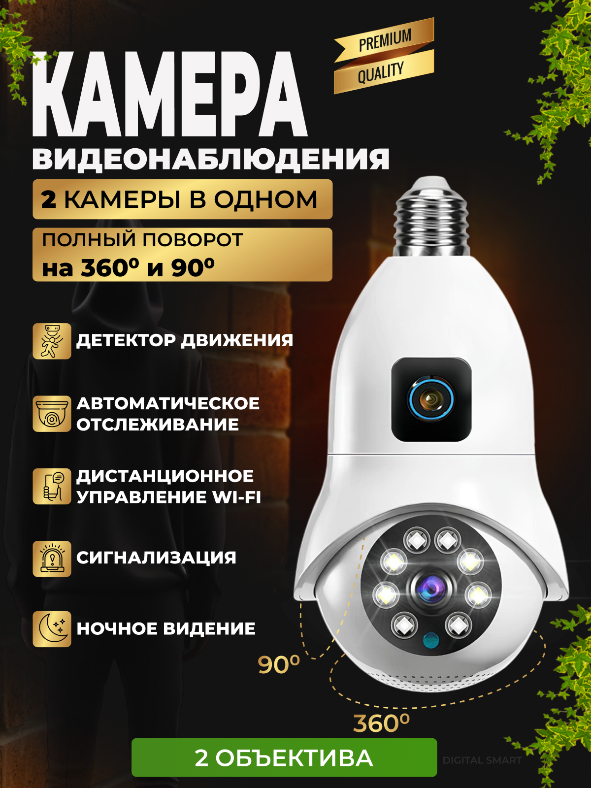 Камера видеонаблюдения Лампочка Wi-Fi двойная, поворотная с подсветкой