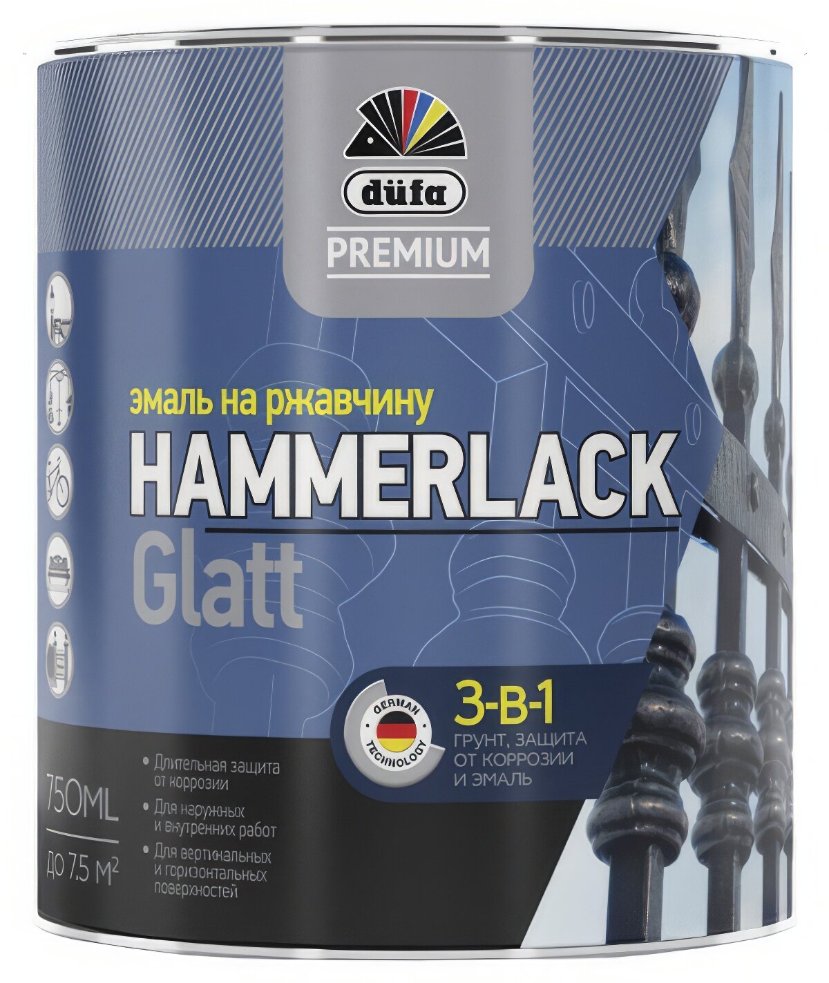 Эмаль алкидная DUFA Hammerlack по ржавчине 0,75л RAL 9005 черная