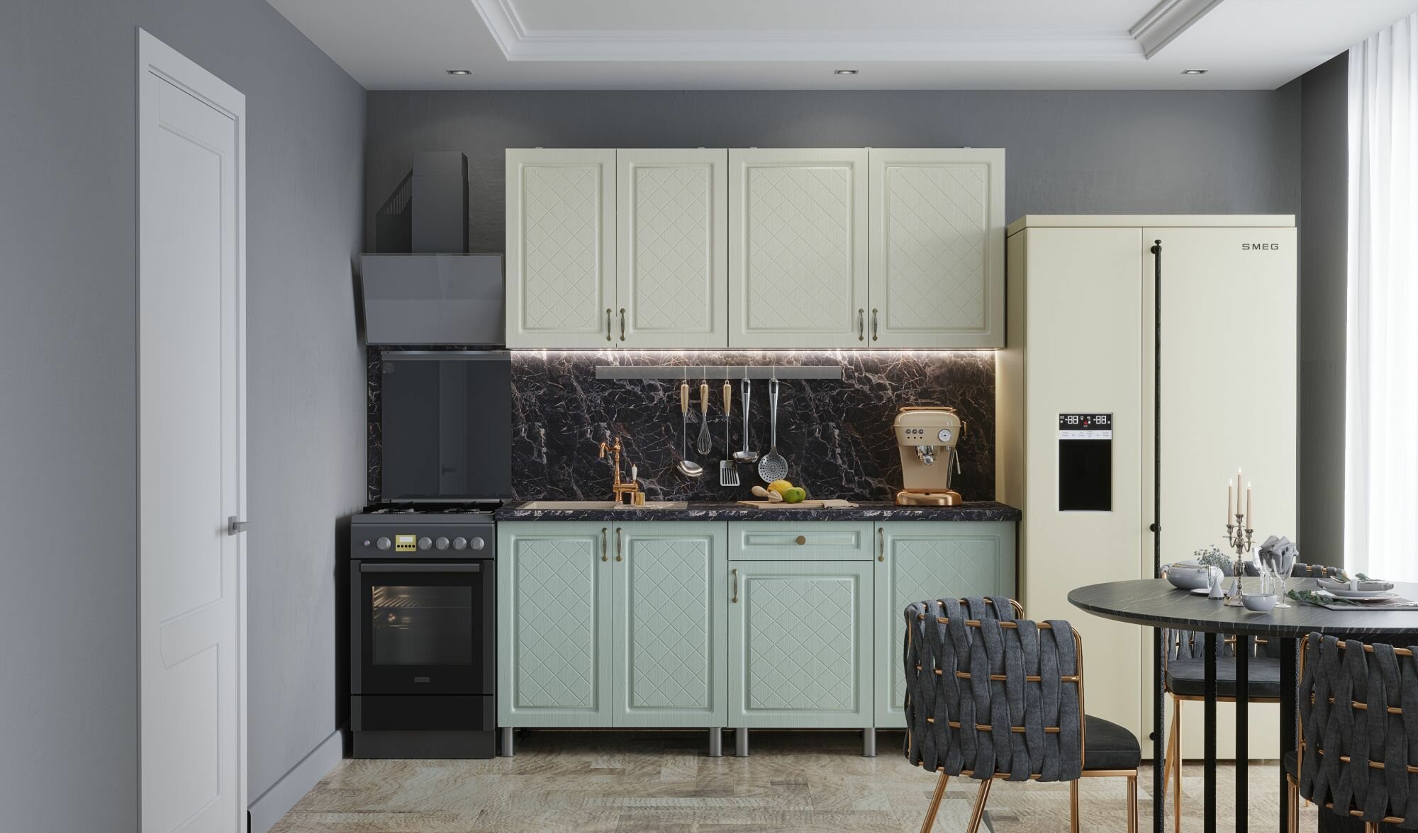 Кухонный гарнитур (кухня) Версаль, Корпус ЛДСП Белый с тиснением "Древесные поры"/Фасад МДФ, матовая пленка ПВХ Айвори/ПВХ Васаби, 1.8 м, столешница Антарес, текс