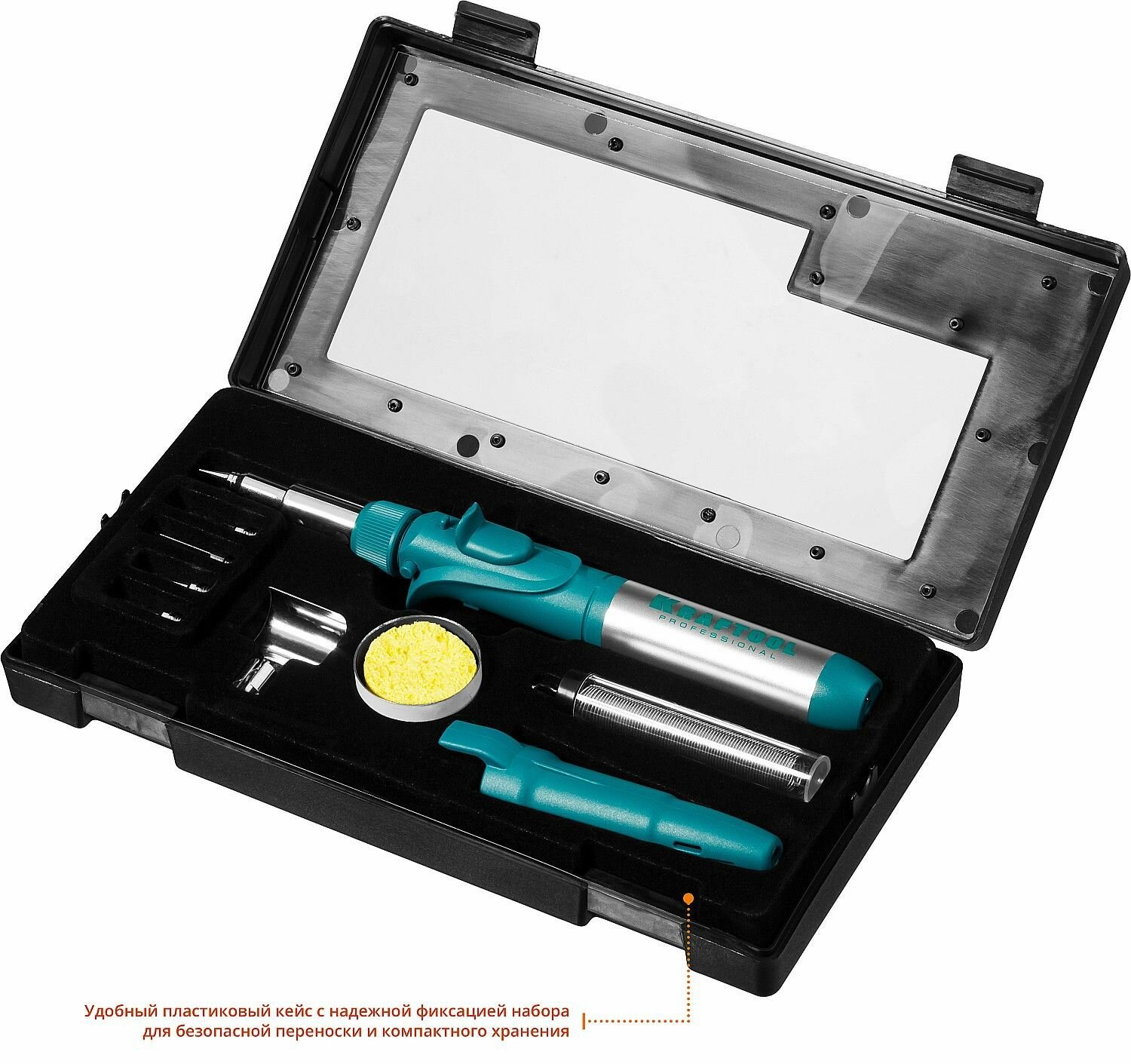 Газовый паяльник горелка фен 10-в-1 KRAFTOOL SolderPro30-120Вт пьезоподжиг, кейс