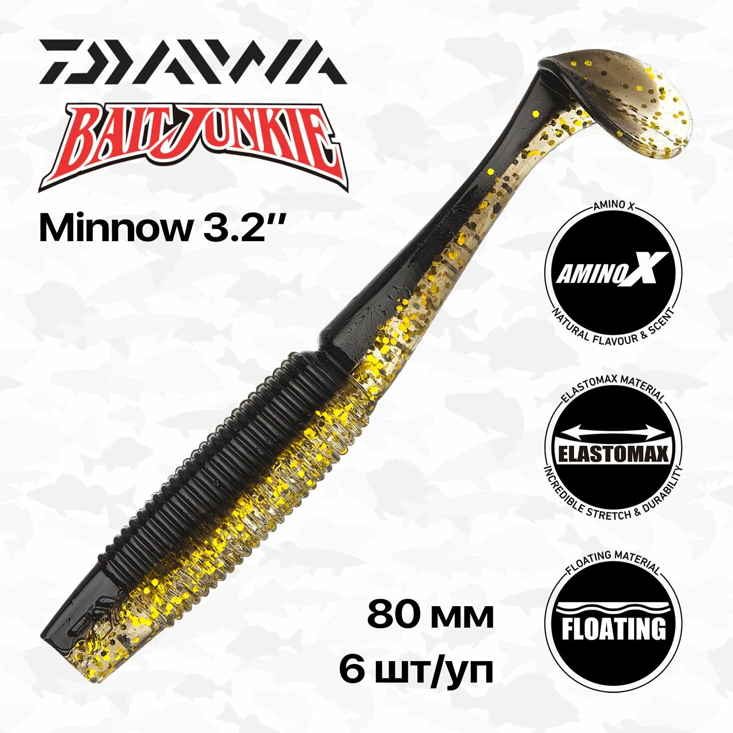 Мягкие приманки Daiwa Bait Junkie Minnow 3.2", 8 см, 6 шт/уп, #Black & Gold