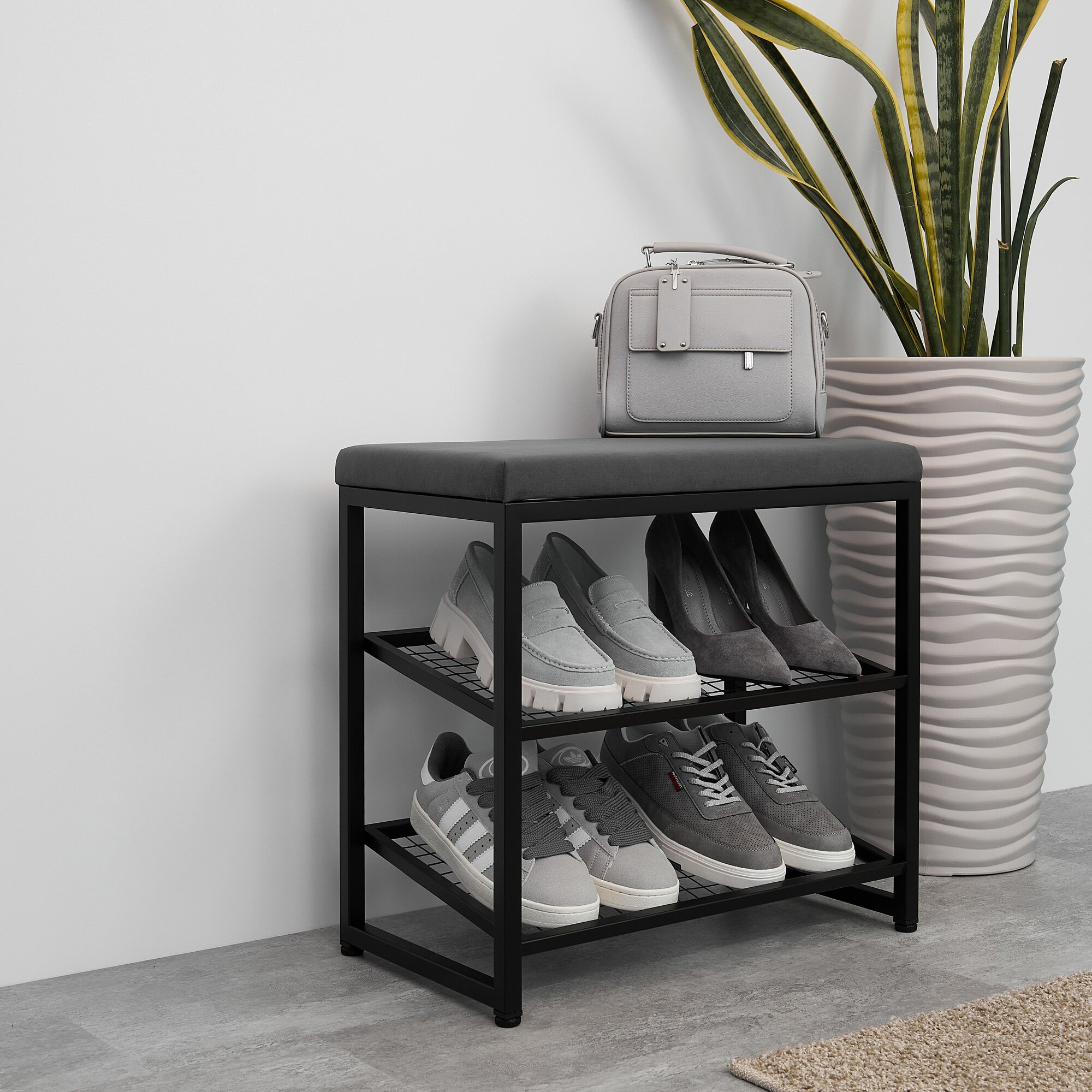 Обувница с мягким сиденьем "Энни" / 55х30х52см / черный каркас - темно-серый велюр