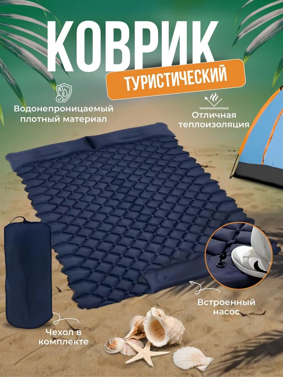 2-хместный надувной кемпинговый 200х120 см / Самонадувной матрас для отдыха на природе темно-синий