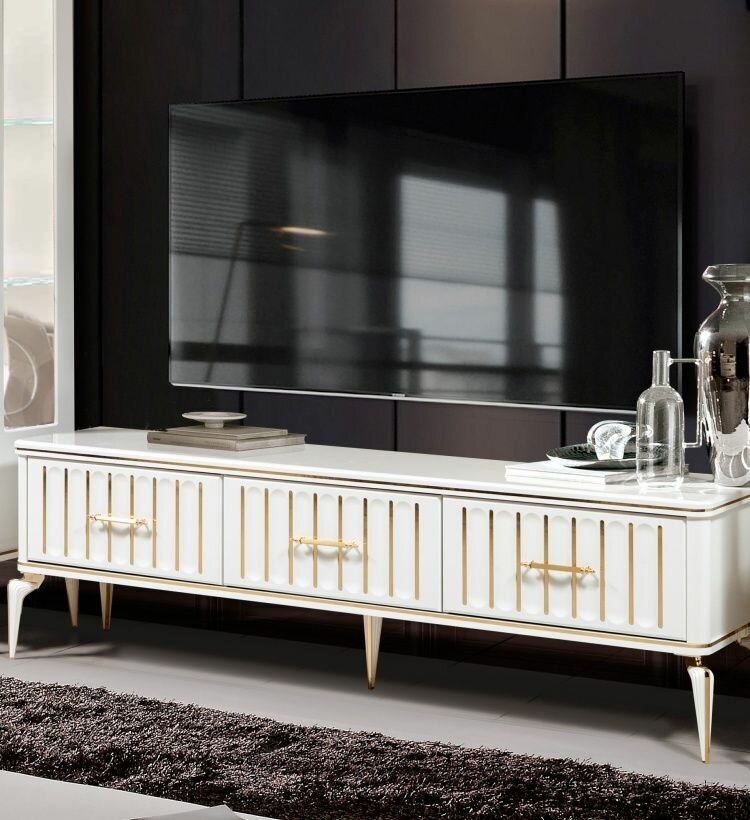 ТВ-тумба Слониммебель "Стамбул 3", МДФ, ЛДСП, с ящиками, ножки, белая, золотистая