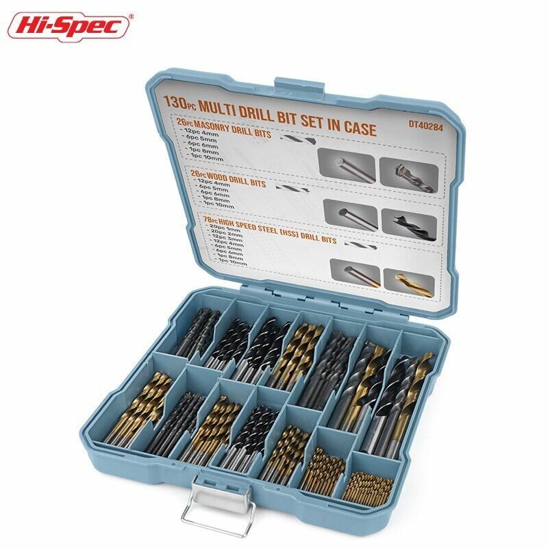 Набор сверл универсальный с титановым покрытием по дереву, бетону, пластику и металлу, 130 сверл