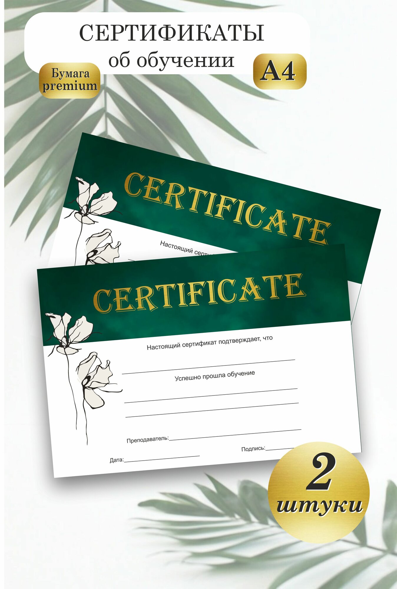 Сертификат о прохождении обучения A4, универсальный, 2 шт, зеленый