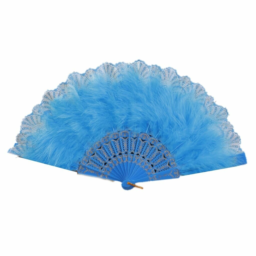 Складной веер с перьями, светло-синий