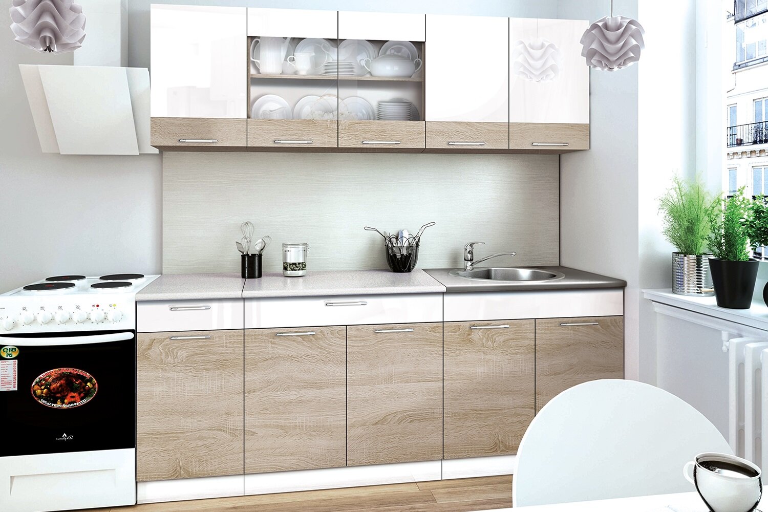 Кухонный гарнитур "Лайт" 2,0 м. модульный готовый комплект, Дуб сонома/Белый глянец, со столешницей, без мойки