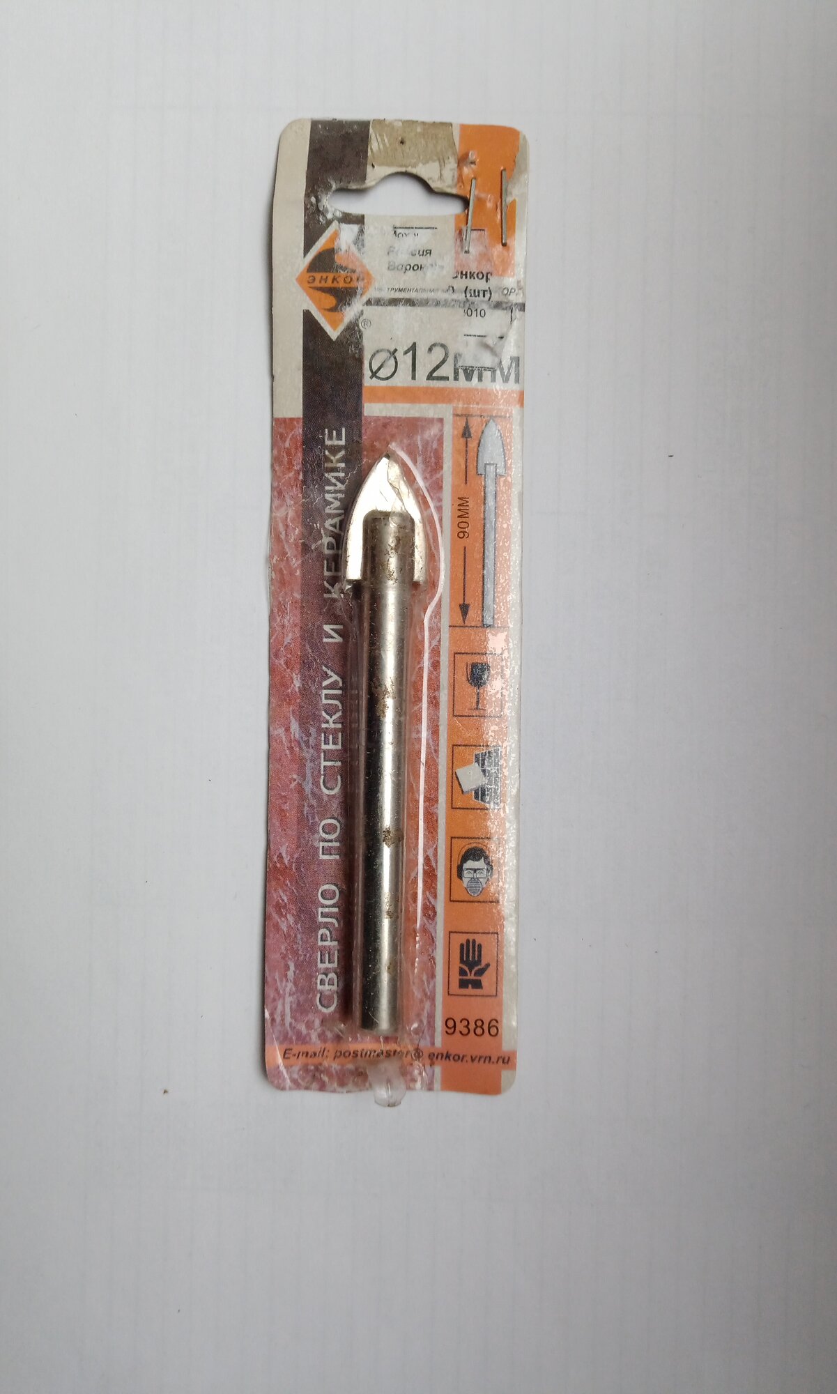 Сверло по стеклу/кафелю диаметр 12 мм. Энкор, длинна 90мм