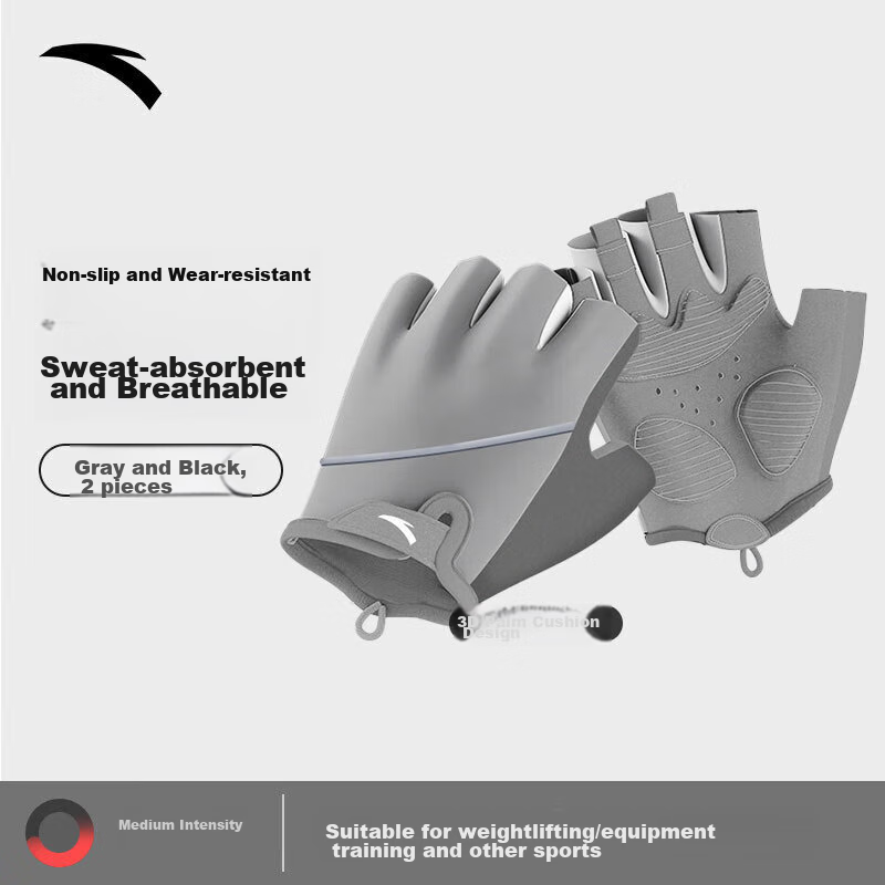 ANTA Sports Gloves, Cycling Fingerless Gloves, Warm, Shock-Absorbing, Non-Slip, Wear-Resistant, for Weightlifting, Gym Equipment, Fitness Training, Gray, Size M