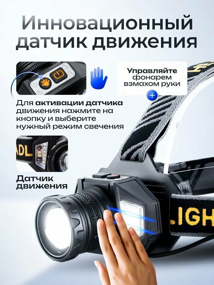 Фонарь налобный аккумуляторный, фонарик мощный 18650 на голову с датчиком движения