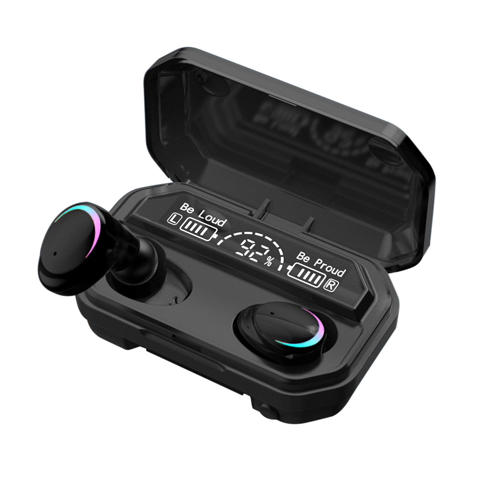 Наушники M12S True Wireless Bluetooth 5.0 TWS с микрофоном, сенсорным управлением, зарядным футляром 2000mAh с индикацией заряда, USB-выходом, водонепроницаемостью IPX7, фонариком, черный цвет