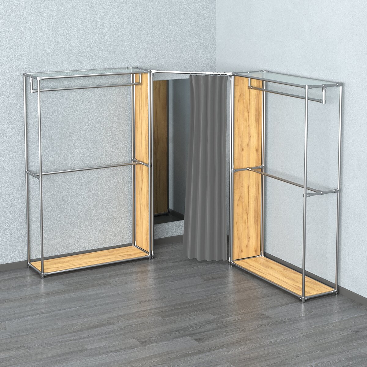 Примерочная с зеркалом из системы хром с поручнями №1-1, Дуб Золотистый