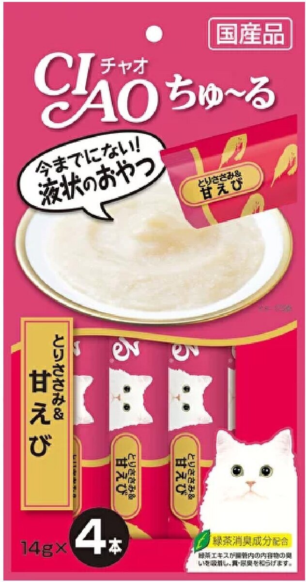 Лакомство INABA CIAO CHURU для кошек пюре с куриным филе и креветкой 56 гр (1 шт)