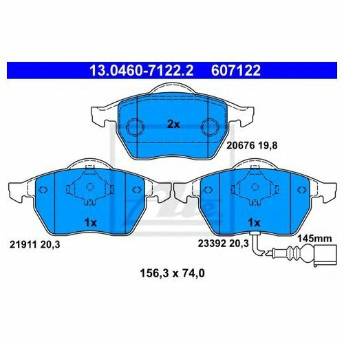 Комплект передних тормозных колодок Ate 13.0460-7122.2 для Audi A3 (1996-2006), Audi TT (1998-2006), SEAT Leon (1999-2006)