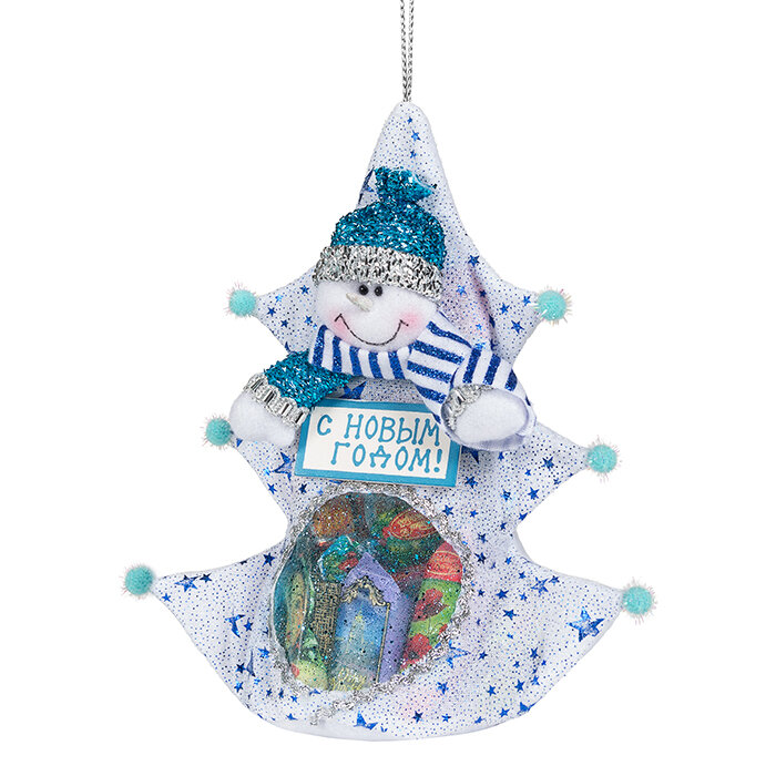 Декоративная новогодняя упаковка из текстильных материалов к 2026 г. "Елка со снеговиком белая" арт. NC12-851/3A. Вместимость - до 400 г