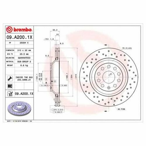 Диск тормозной Brembo 09A2001X