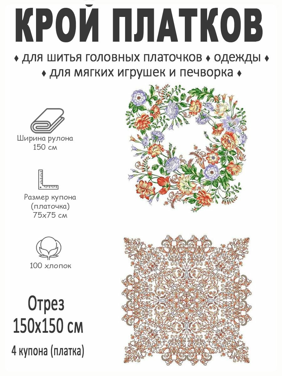 Перкаль, крой платка (четыре рисунка-купона), 100% хлопок, ширина 150 см х 160 см