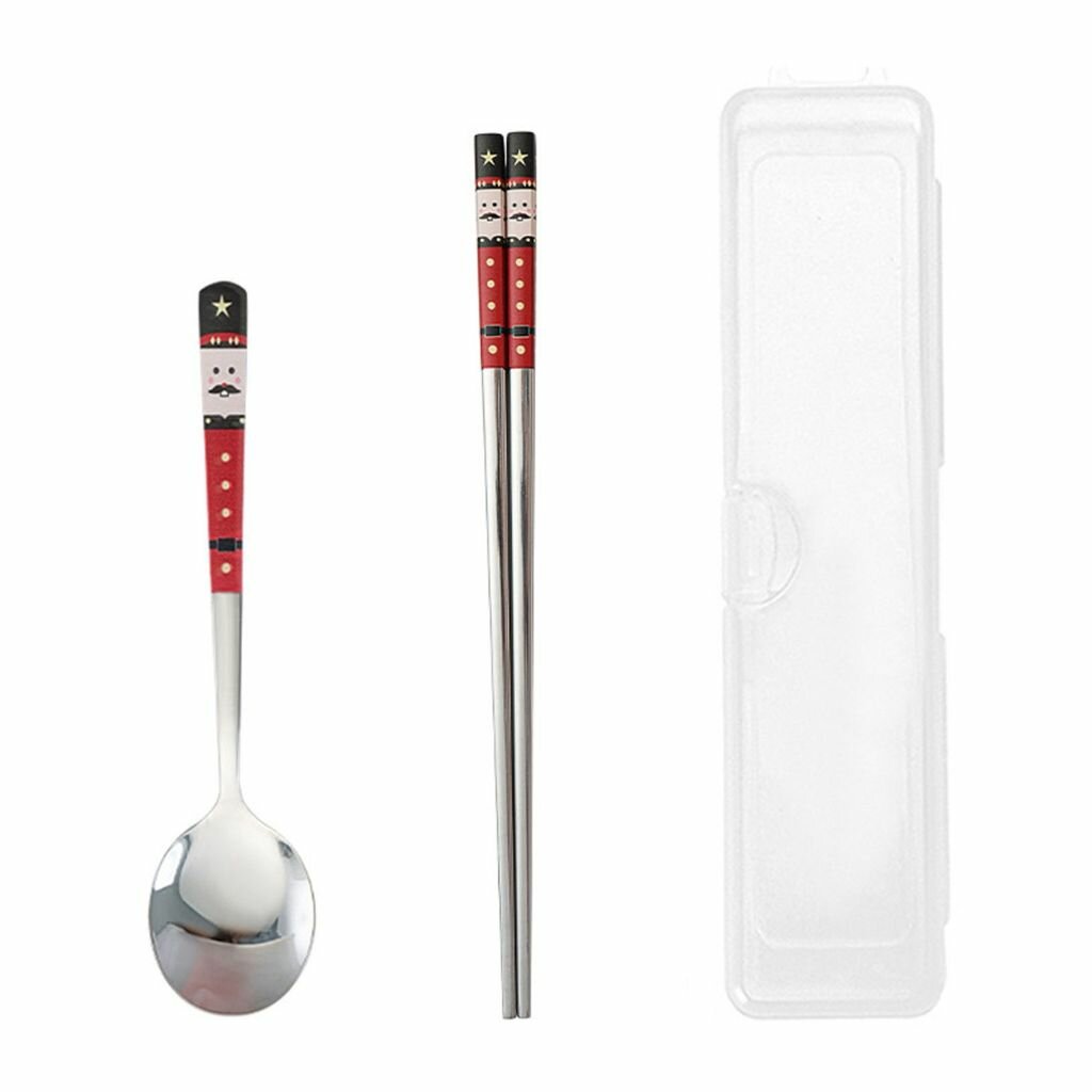 1 коробка рождественского набора солдатских ложек и палочек для еды из грецкого ореха-красный